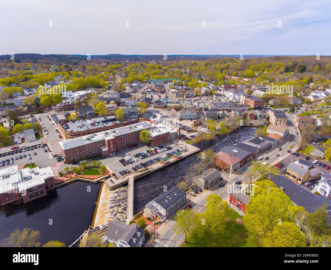 Ipswich River and Mills Dam aerial view in spring at town center of Ipswich, Massachusetts MA ...