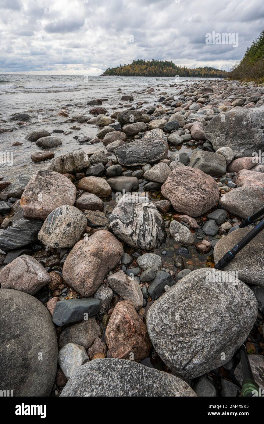 Lake Superior beach with wave rounded rocks, Lake Superior Provincial ...