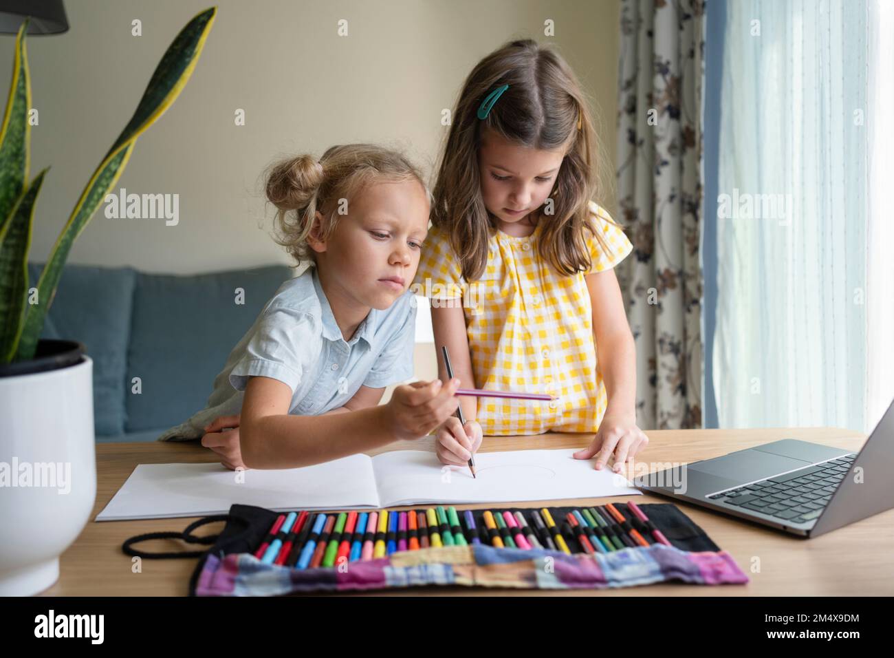 Girls drawing together on sketch pad by laptop at desk Stock Photo - Alamy