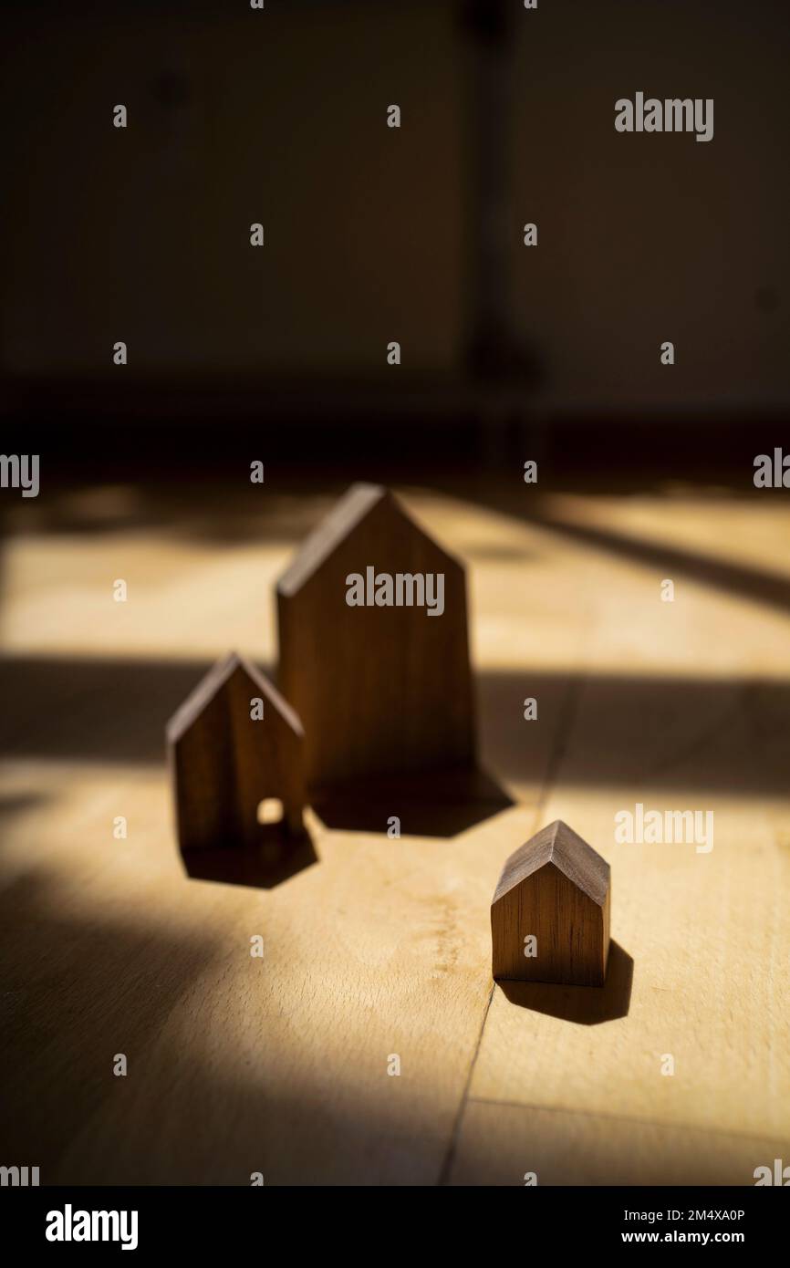 Wooden house models on hardwood floor at home Stock Photo - Alamy