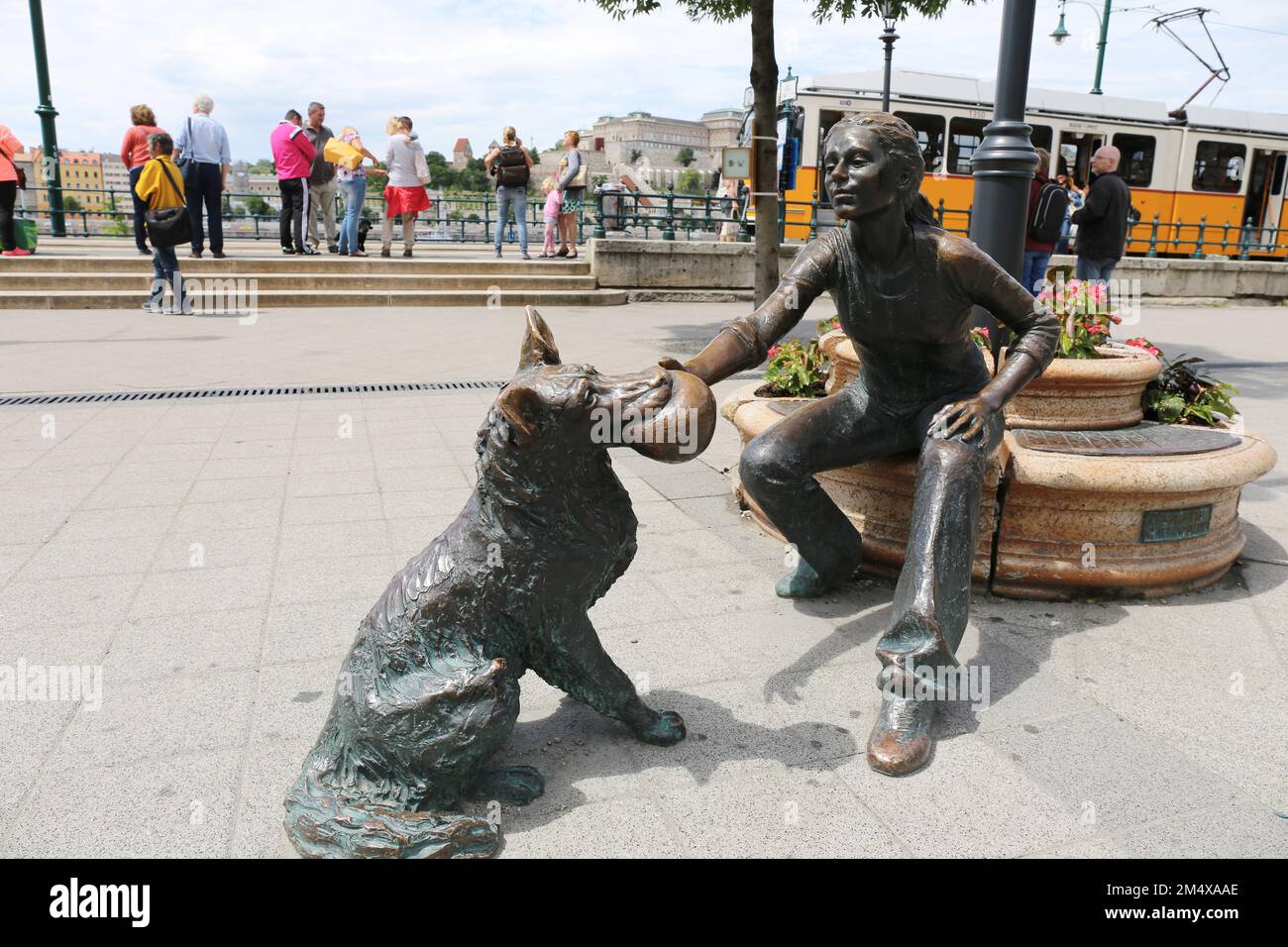 The bronze statue of a girl playing with a dog by sculptor Raffay David in Budapest Stock Photo ...