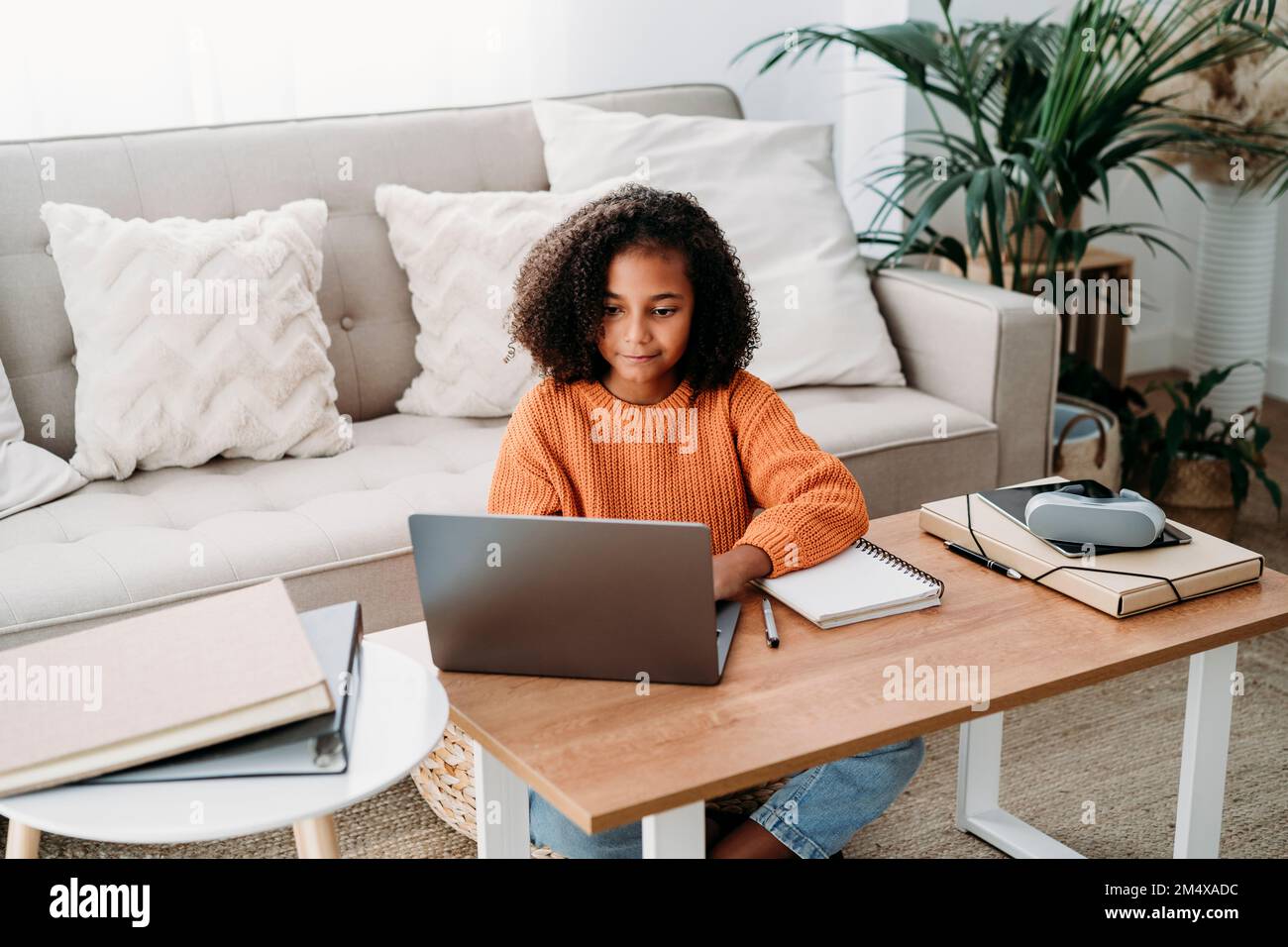 Girl using laptop studying in living room at home Stock Photo - Alamy