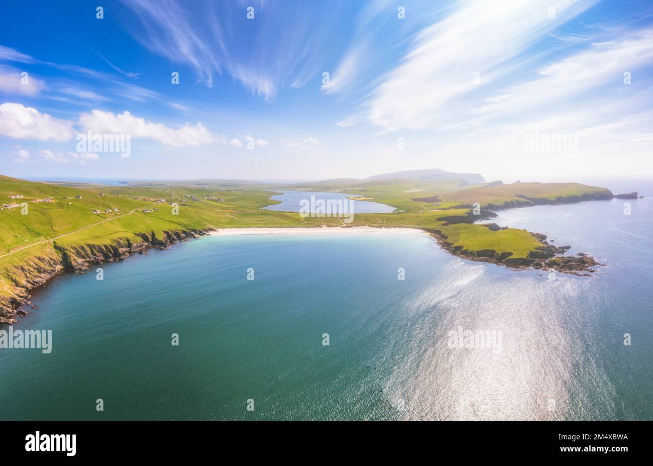 UK, Scotland, Aerial view of Scousburgh Sands in summer with Scousburgh ...