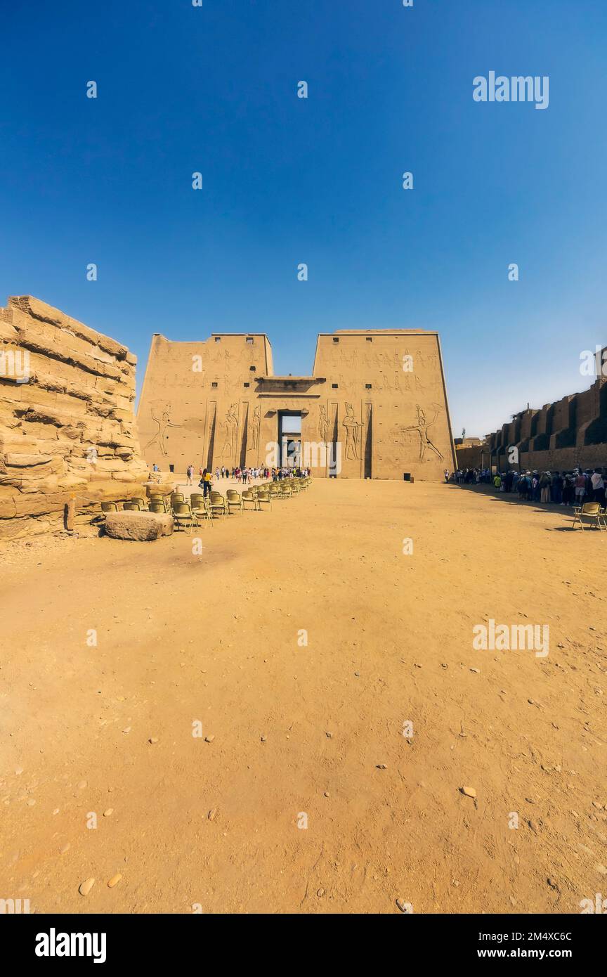 Egypt, Aswan Governorate, Edfu, Entrance of ancient Temple of Edfu ...