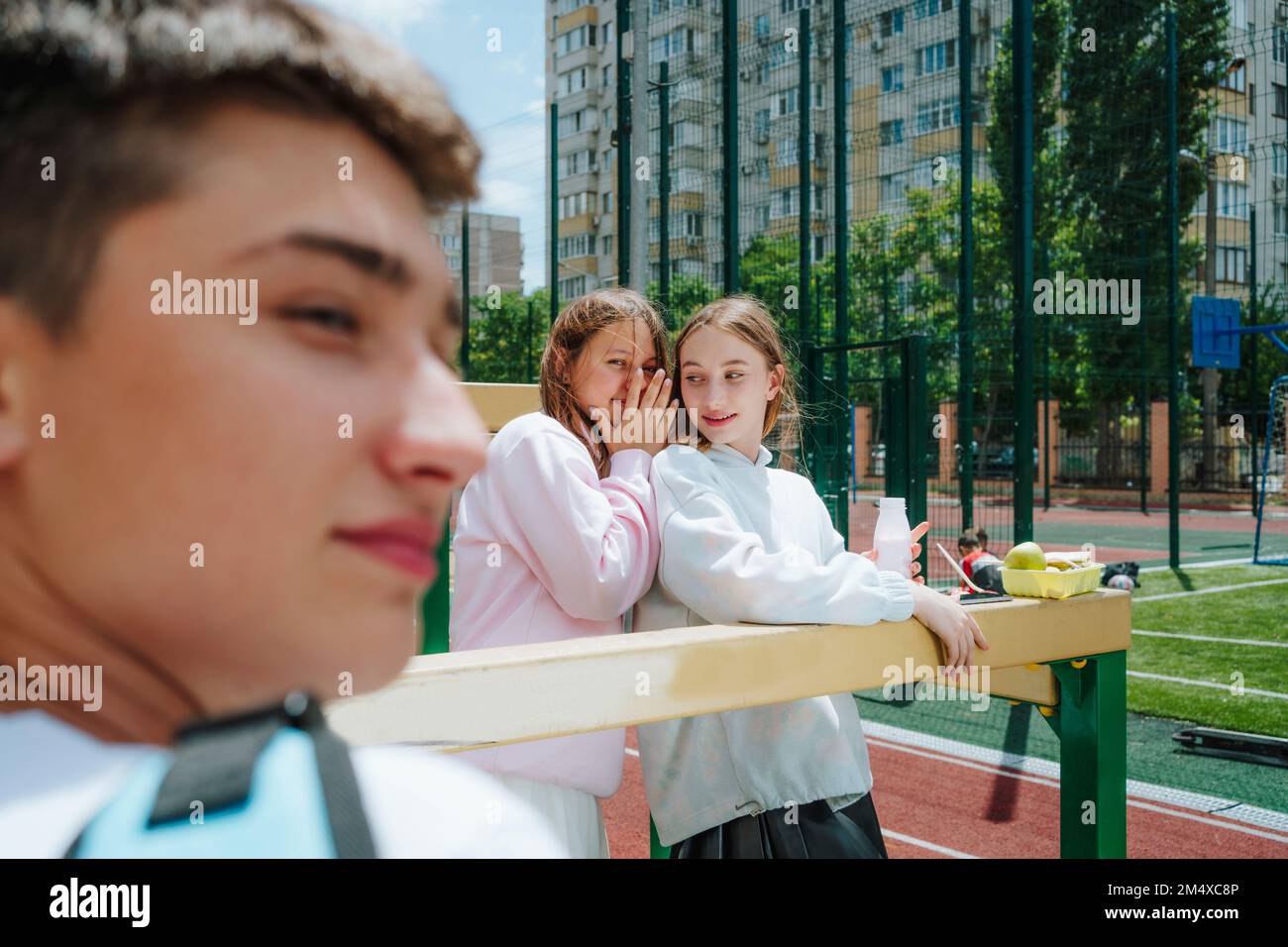Teenage girls doing gossip looking at boy in schoolyard Stock Photo - Alamy