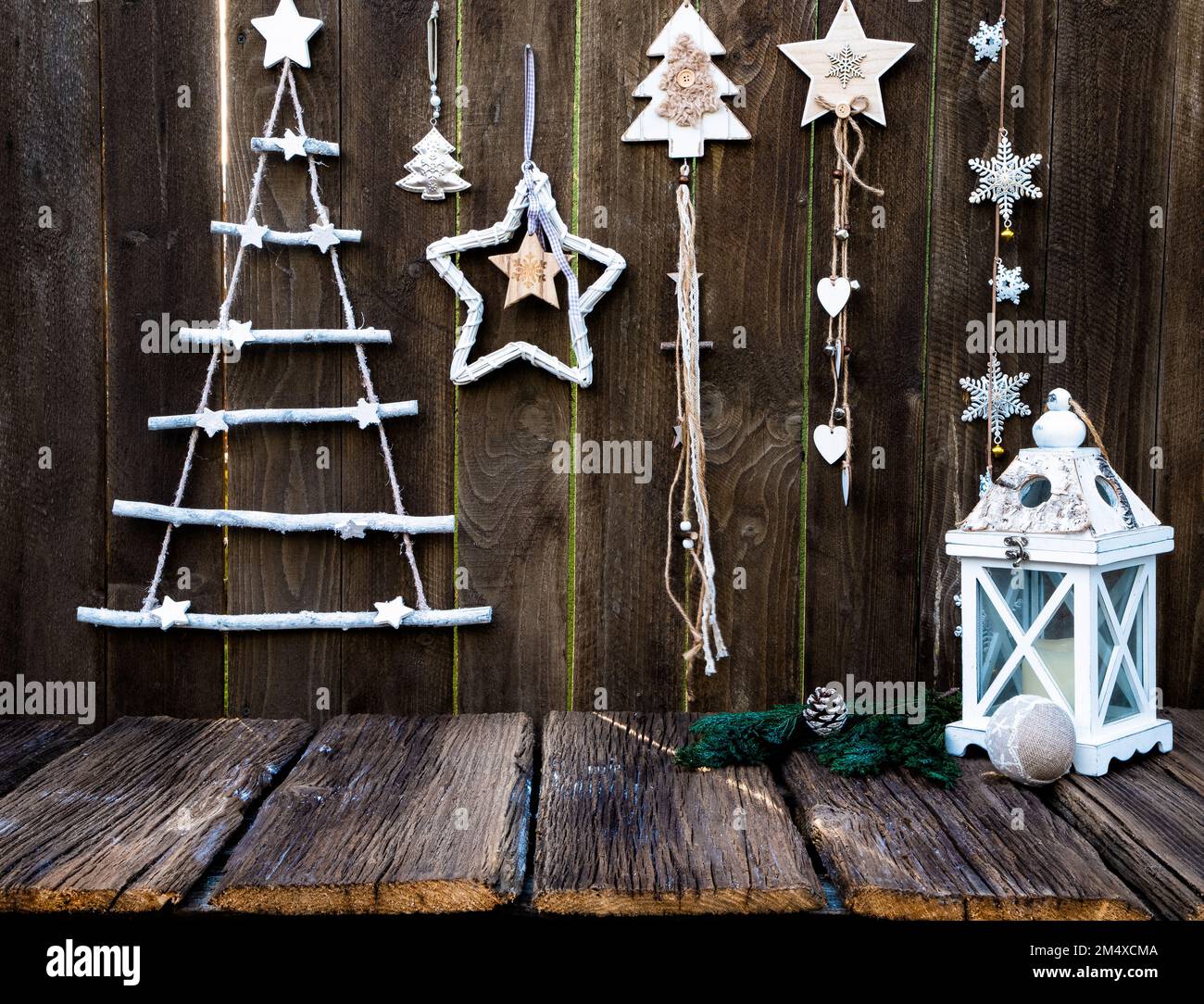 christmas decorations on wooden table Stock Photo - Alamy