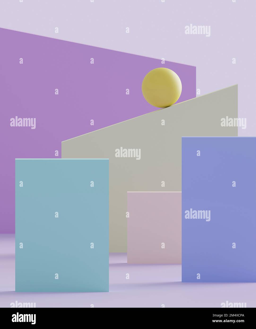 Three dimensional render of sphere and pastel colored geometric shapes ...