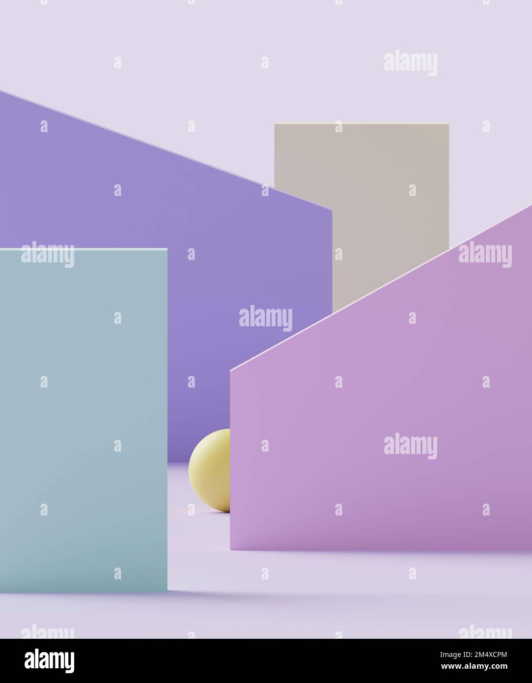 Three dimensional render of sphere and pastel colored geometric shapes ...