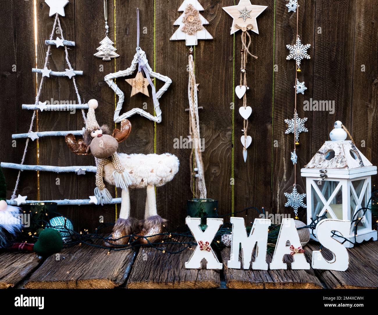 christmas decorations on wooden table Stock Photo - Alamy