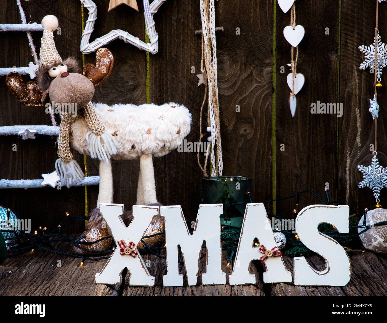 christmas decorations on wooden table Stock Photo - Alamy