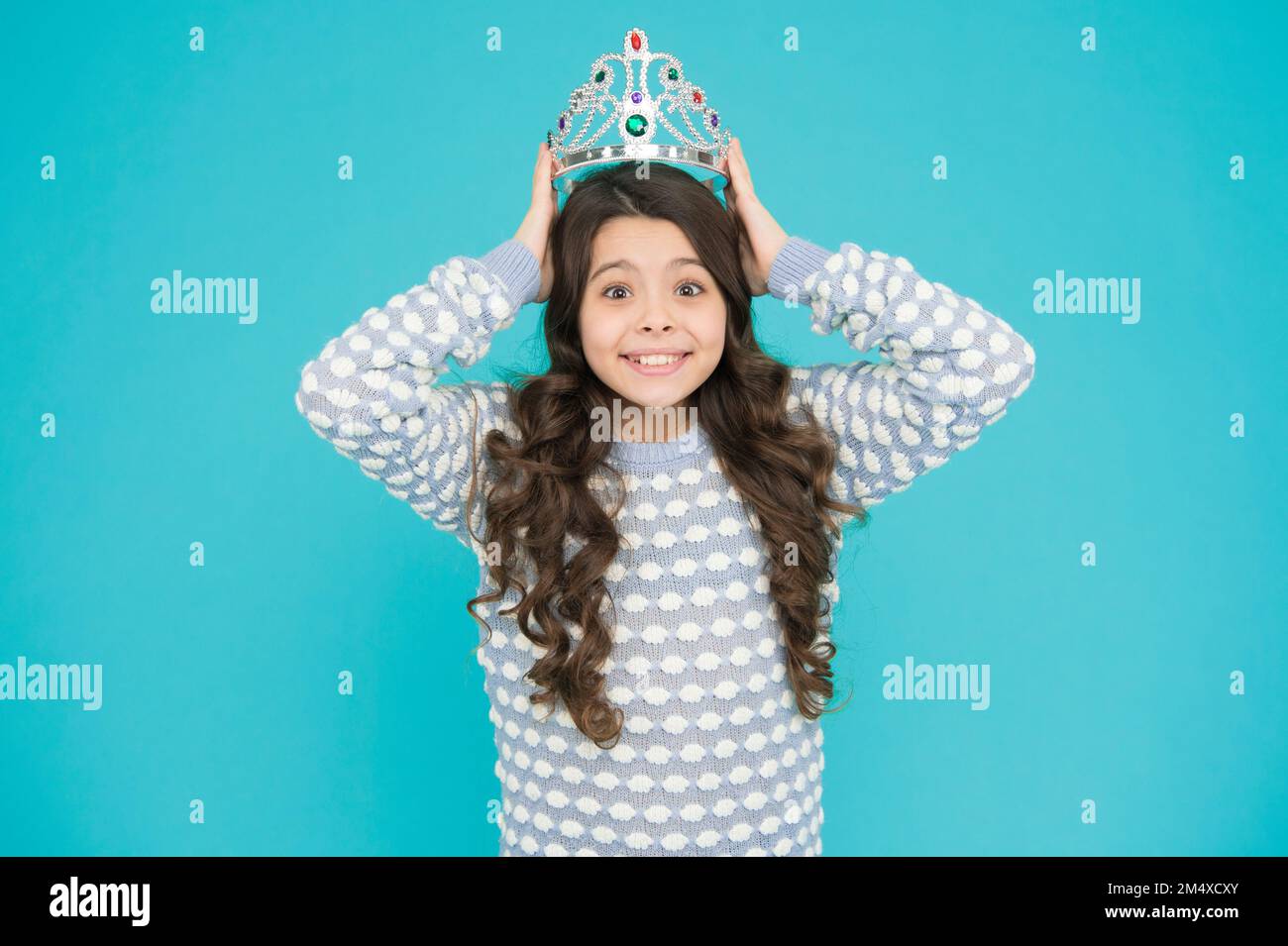 Shine like diamond. Happy girl wear crown blue background. Little miss ...