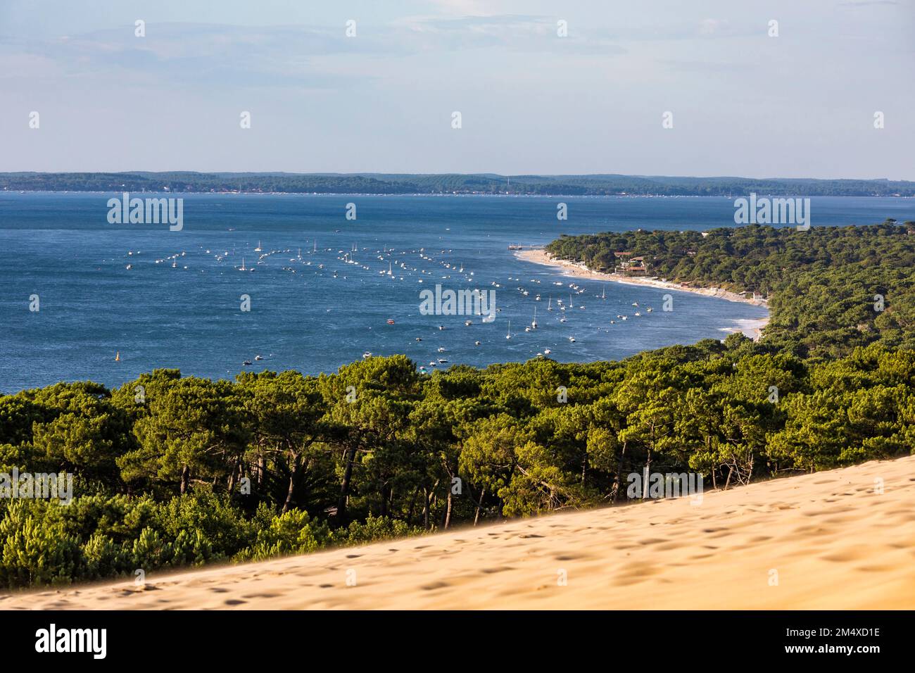 France, Nouvelle-Aquitaine, Pyla sur Mer, Arcachon Bay and forested ...