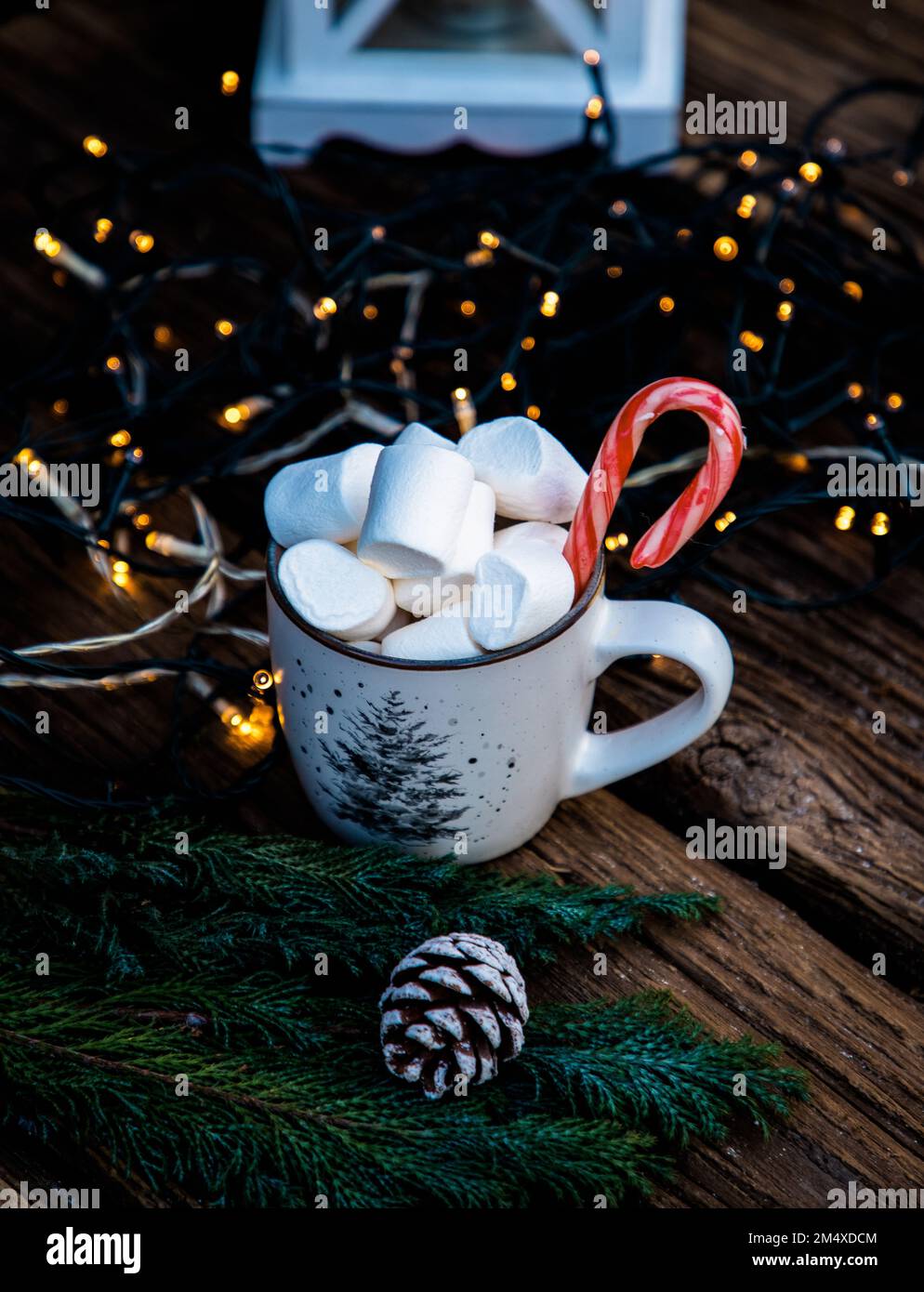 hot Christmas drink with marshmallow on wooden table Stock Photo - Alamy