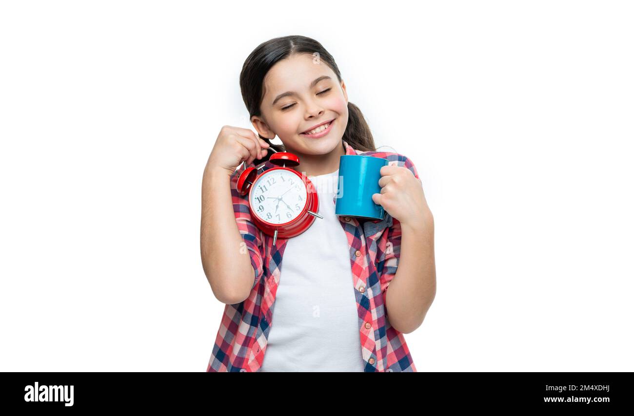 happy girl with cocoa and alarm clock isolated on white. girl with ...