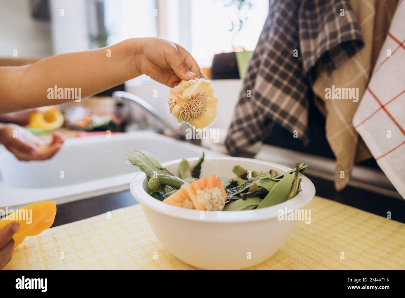 Collecting organic waste from vegetables in kitchen Stock Photo - Alamy