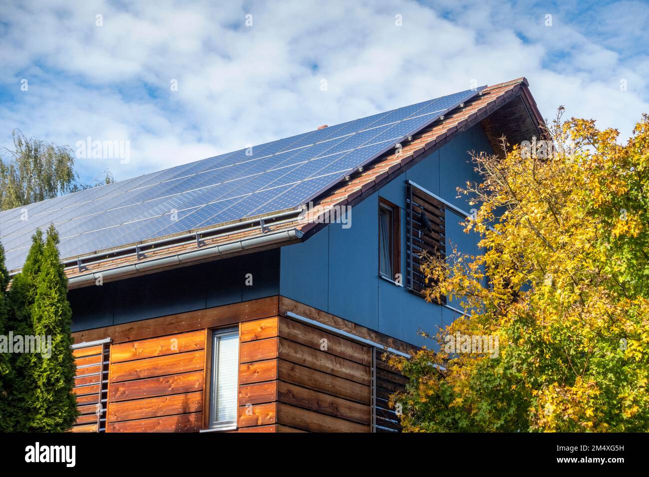 Germany, Bavaria, Munich, Roof of modern passive house equipped with ...