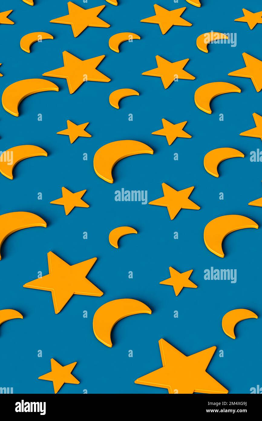 Three dimensional pattern of rows of yellow stars and crescent moons ...