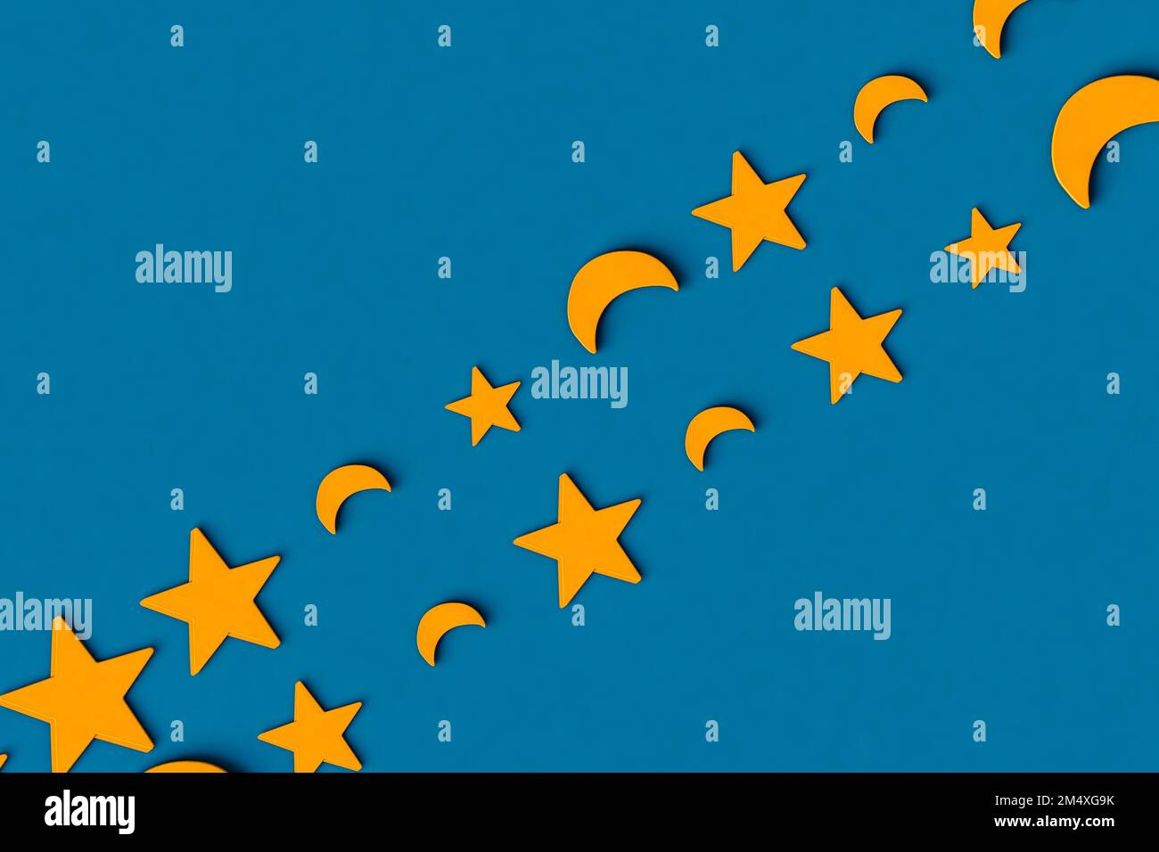 Three dimensional render of rows of yellow stars and crescent moons ...