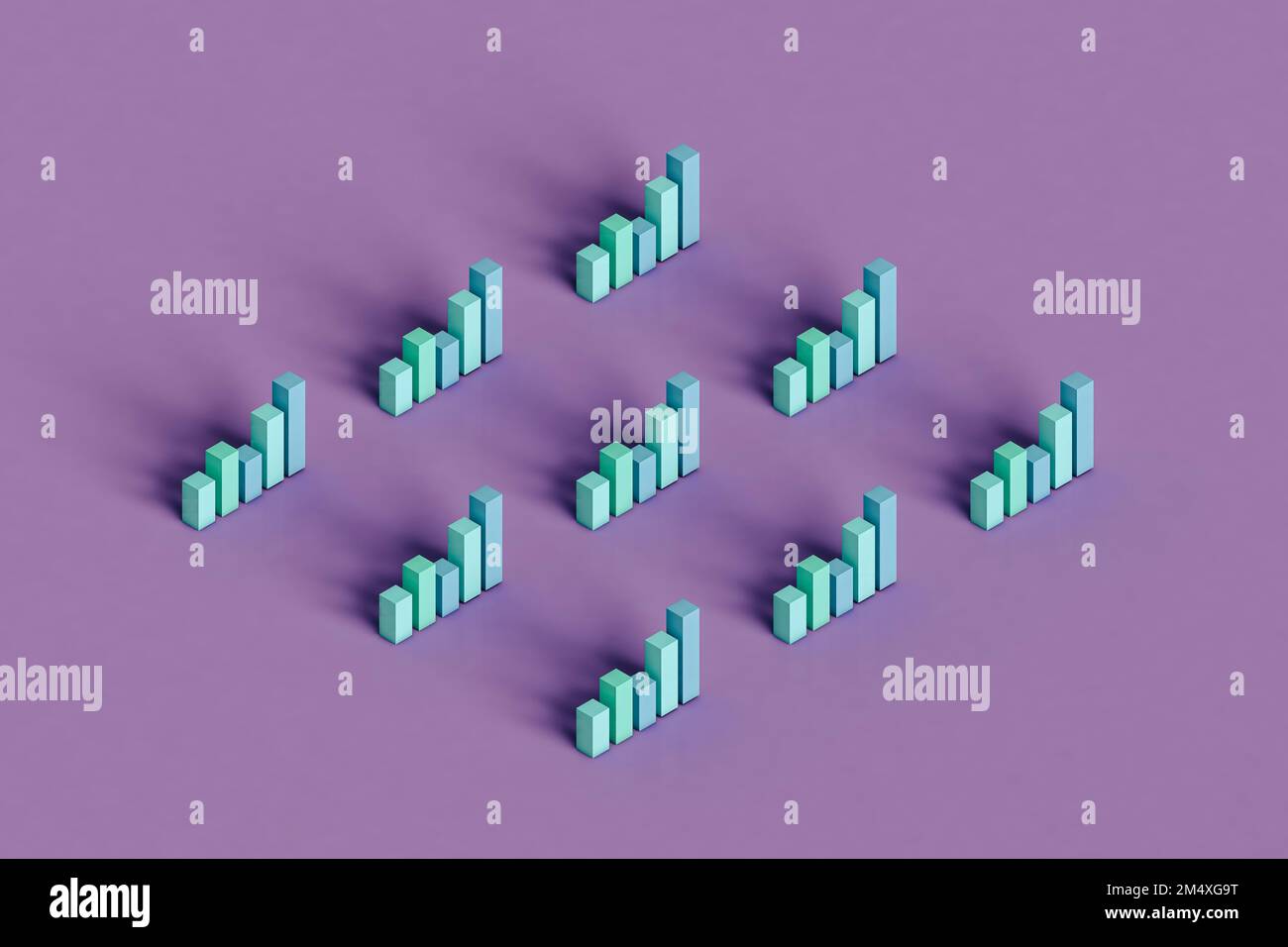 Three dimensional render of pastel colored bar graphs standing against ...