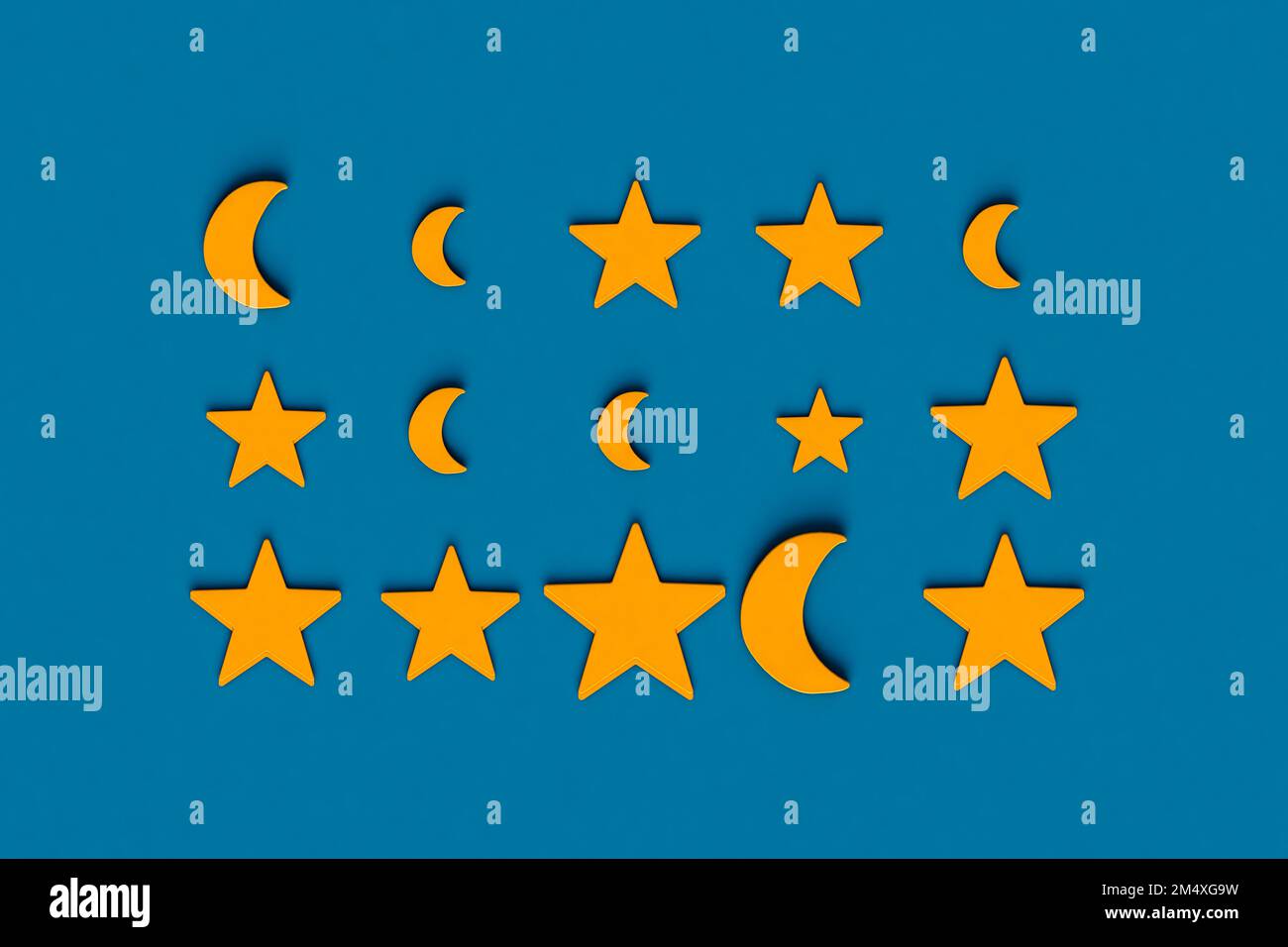 Three dimensional render of rows of yellow stars and crescent moons ...