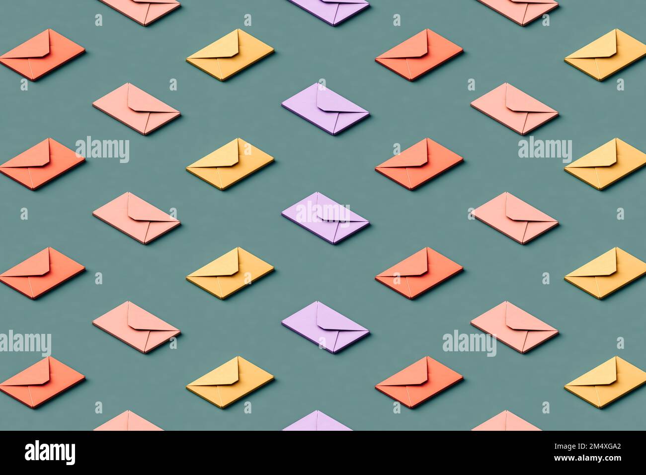 Three dimensional pattern of rows of pastel colored envelopes flat laid ...