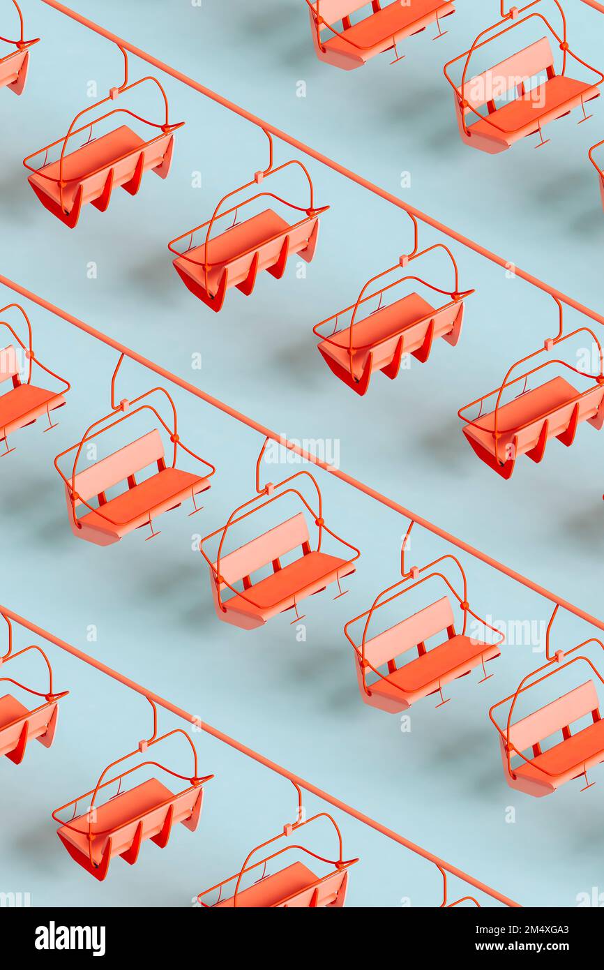 Three dimensional pattern of red ski lifts floating against blue ...