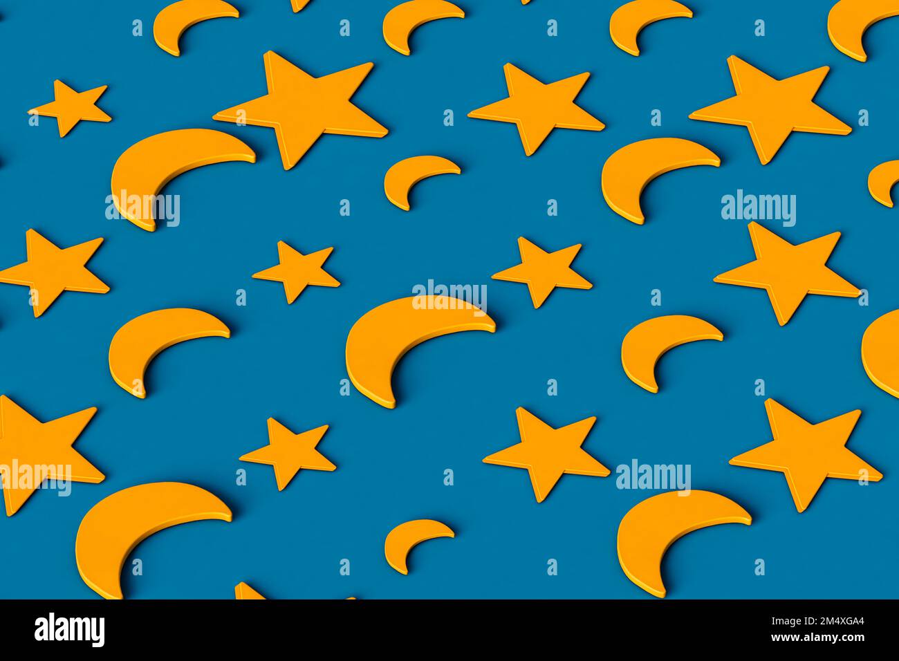 Three dimensional pattern of rows of yellow stars and crescent moons ...