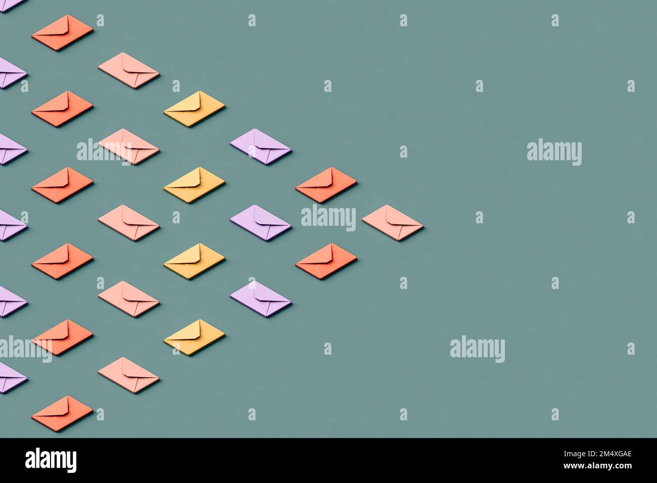 Three dimensional render of rows of pastel colored envelopes flat laid ...