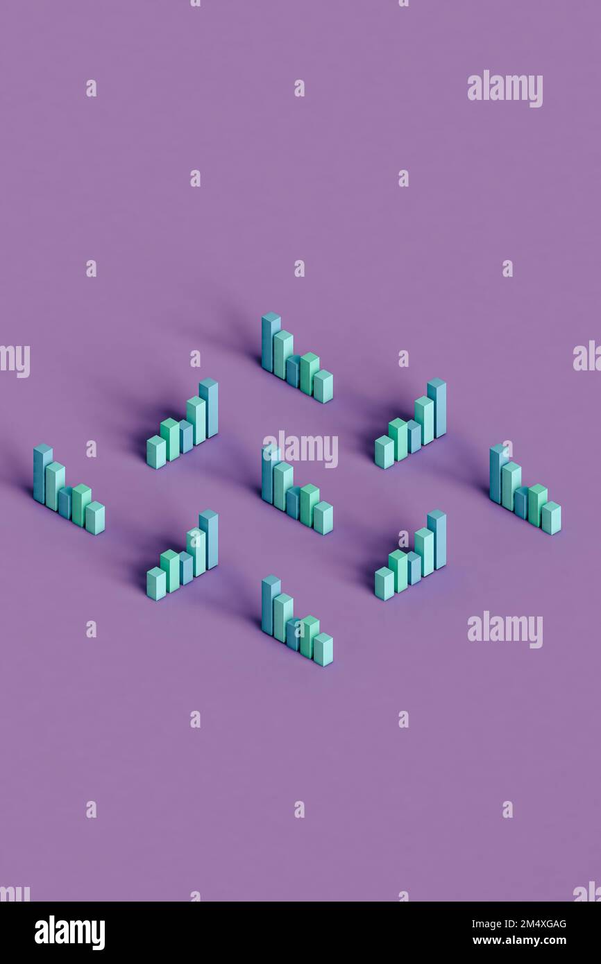 Three dimensional render of pastel colored bar graphs standing against ...