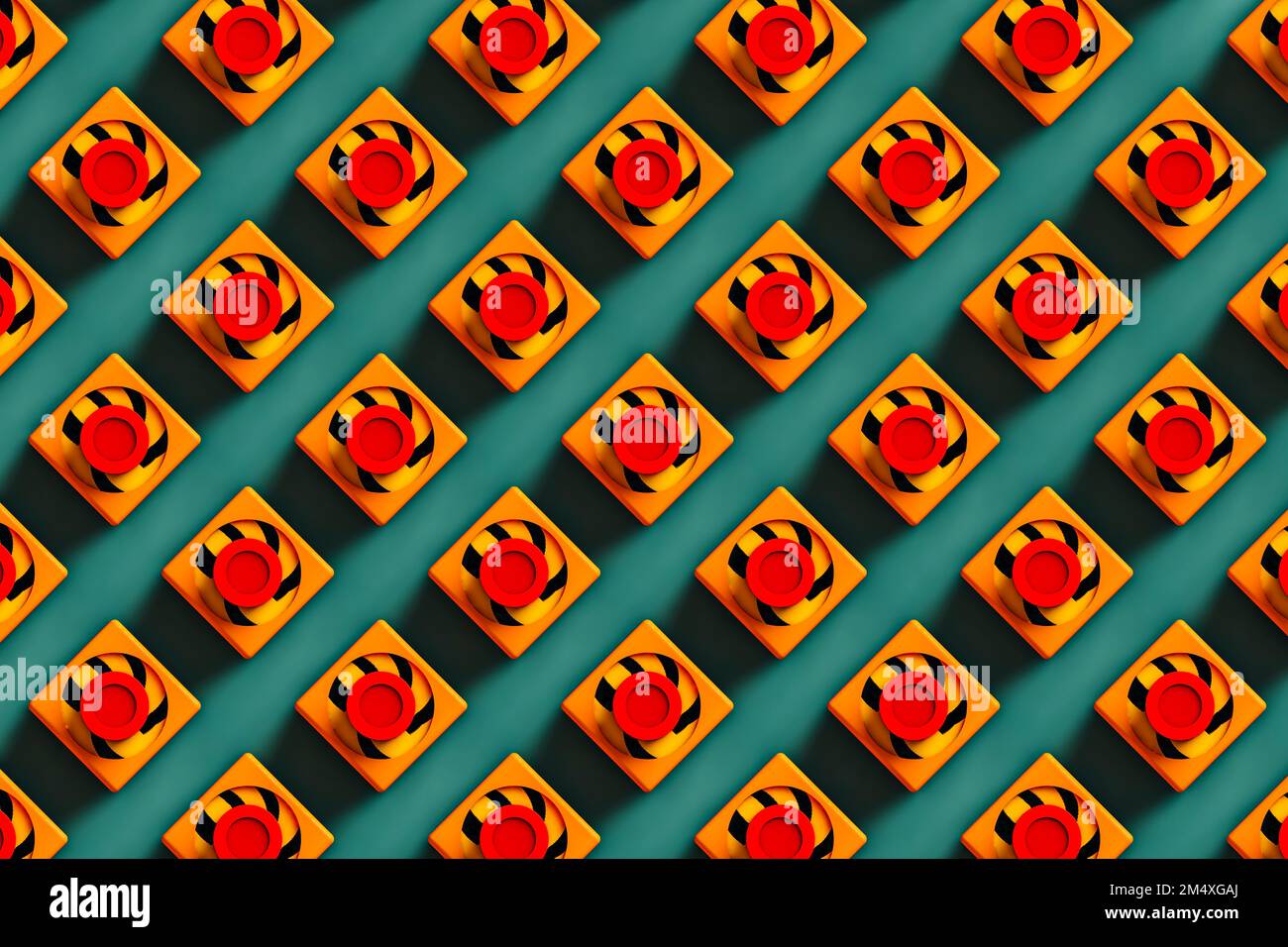 Three dimensional pattern of rows of push buttons flat laid against ...