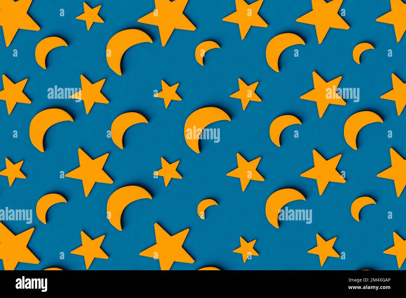 Three dimensional pattern of rows of yellow stars and crescent moons ...