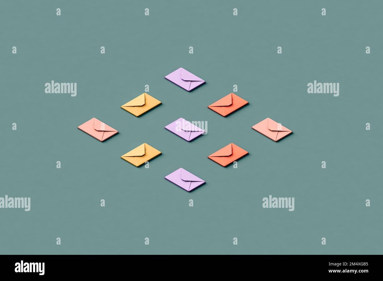 Three dimensional render of rows of pastel colored envelopes flat laid ...