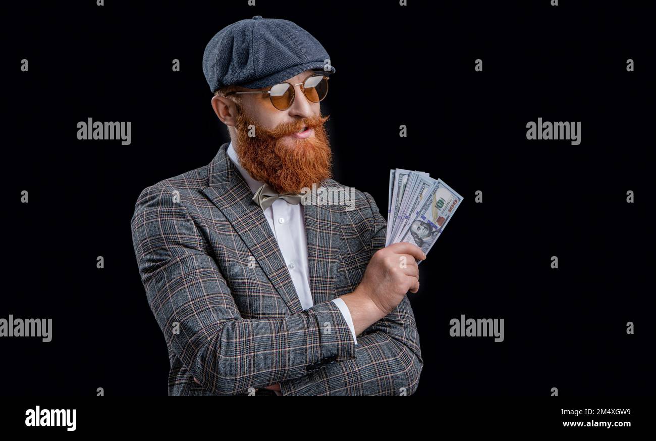 photo of cheerful rich retro man with money wear peaked cap. rich retro ...