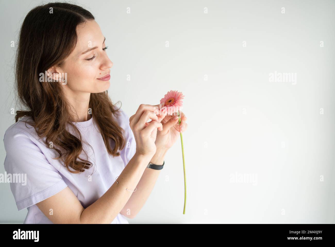 Woman plucking petals of gerbera flower in front of white wall Stock ...