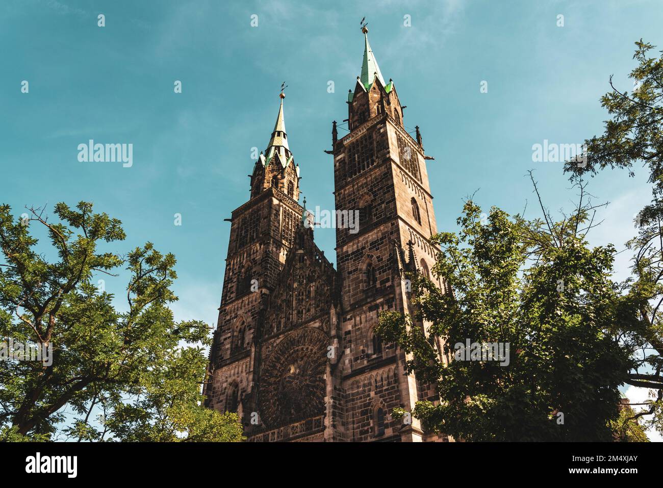 Germany, Bavaria, Nuremberg, Bell towers of historic Saint Lawrence ...