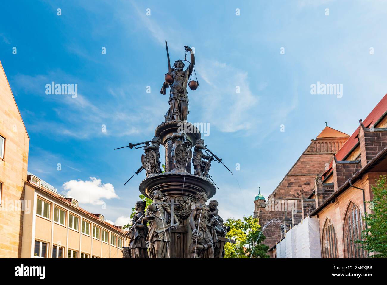 Germany, Bavaria, Nuremberg, Statues of 16th century Tugendbrunnen ...