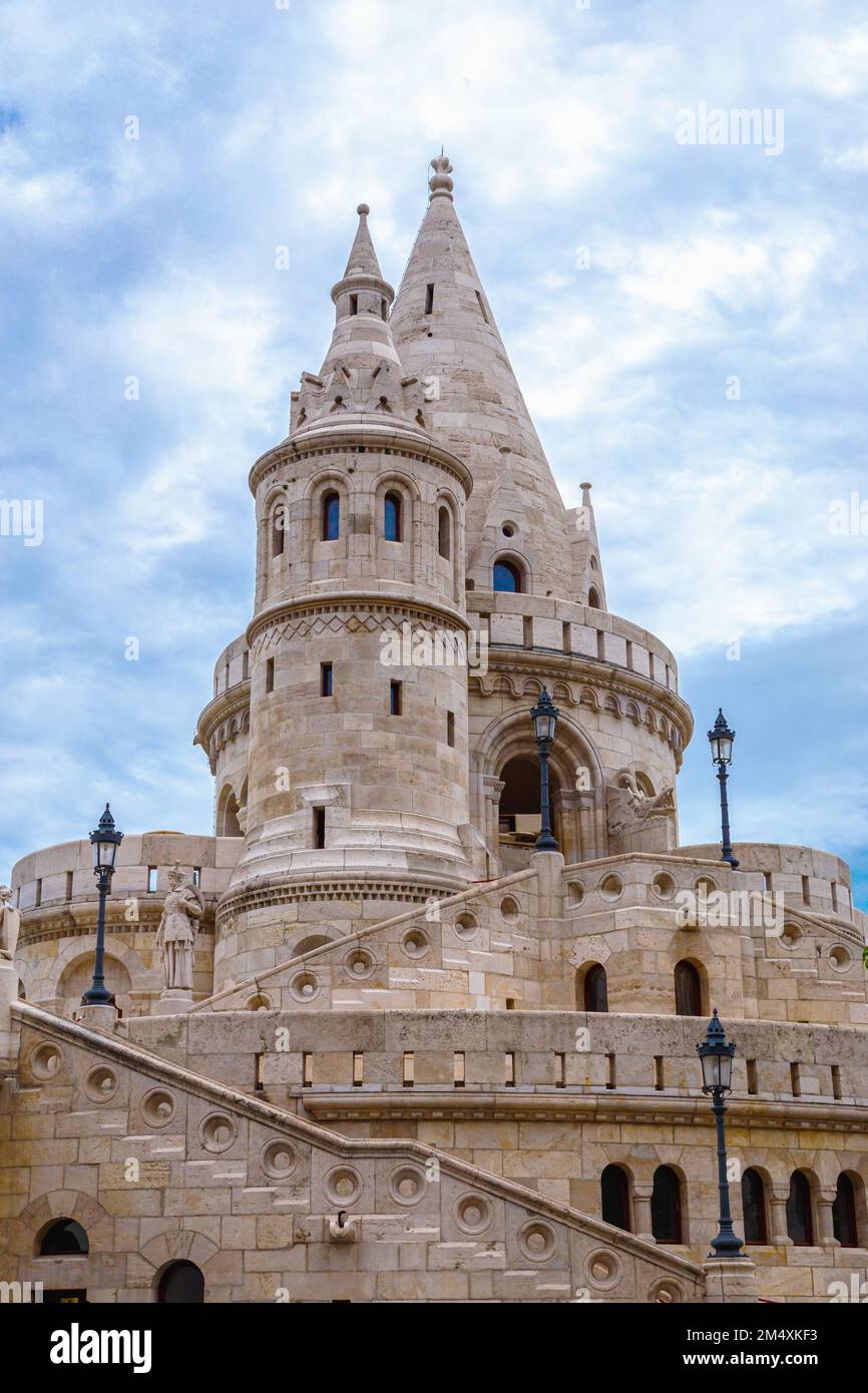 A vertical low-angle shot of the tower of Fisherman's bastion in ...