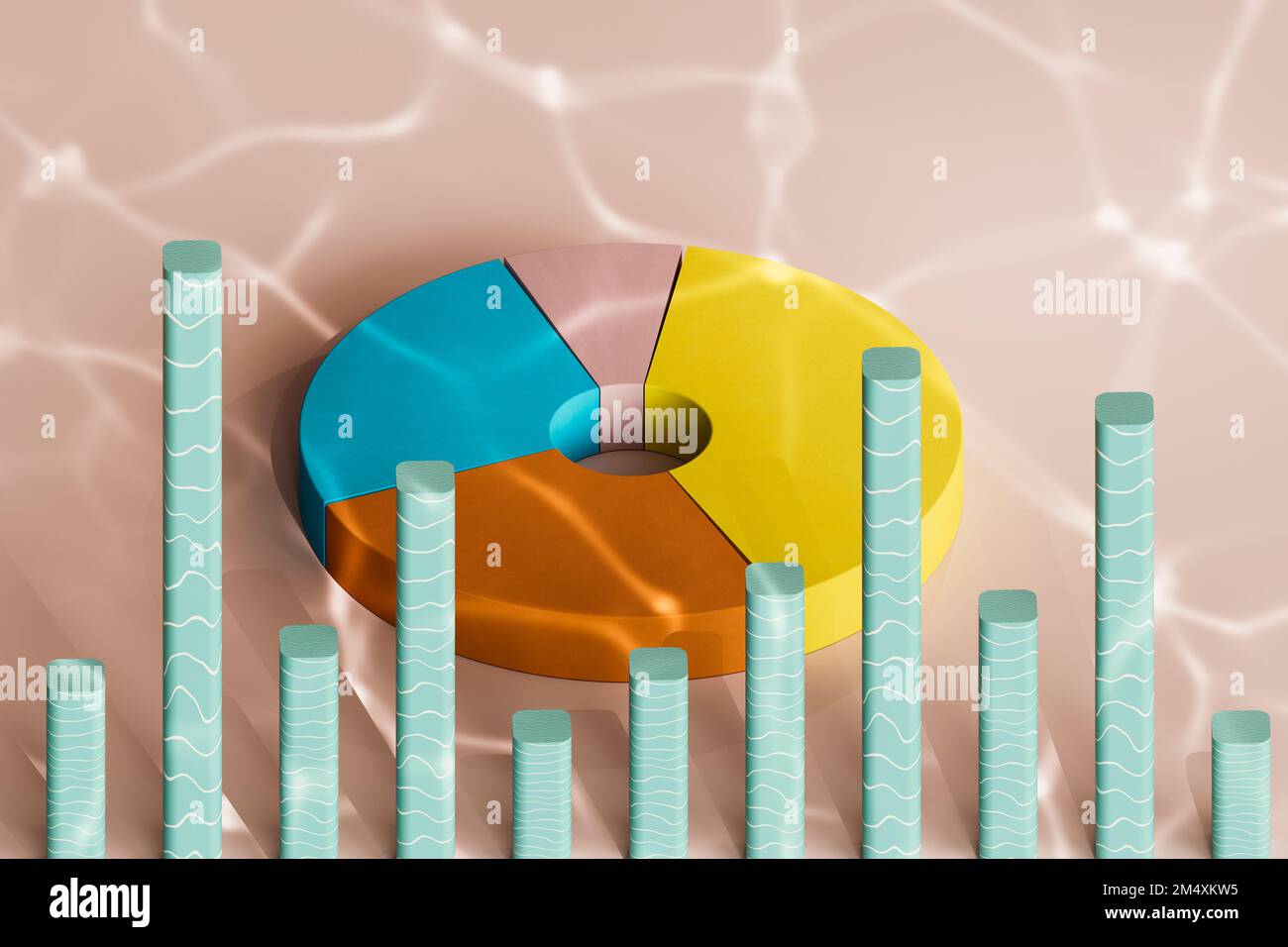 Bar graphs with multi colored pie chart in background Stock Photo - Alamy