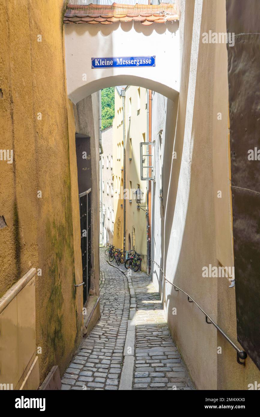 Germany, Bavaria, Passau, Street Name Sign over Kleine Messergasse ...