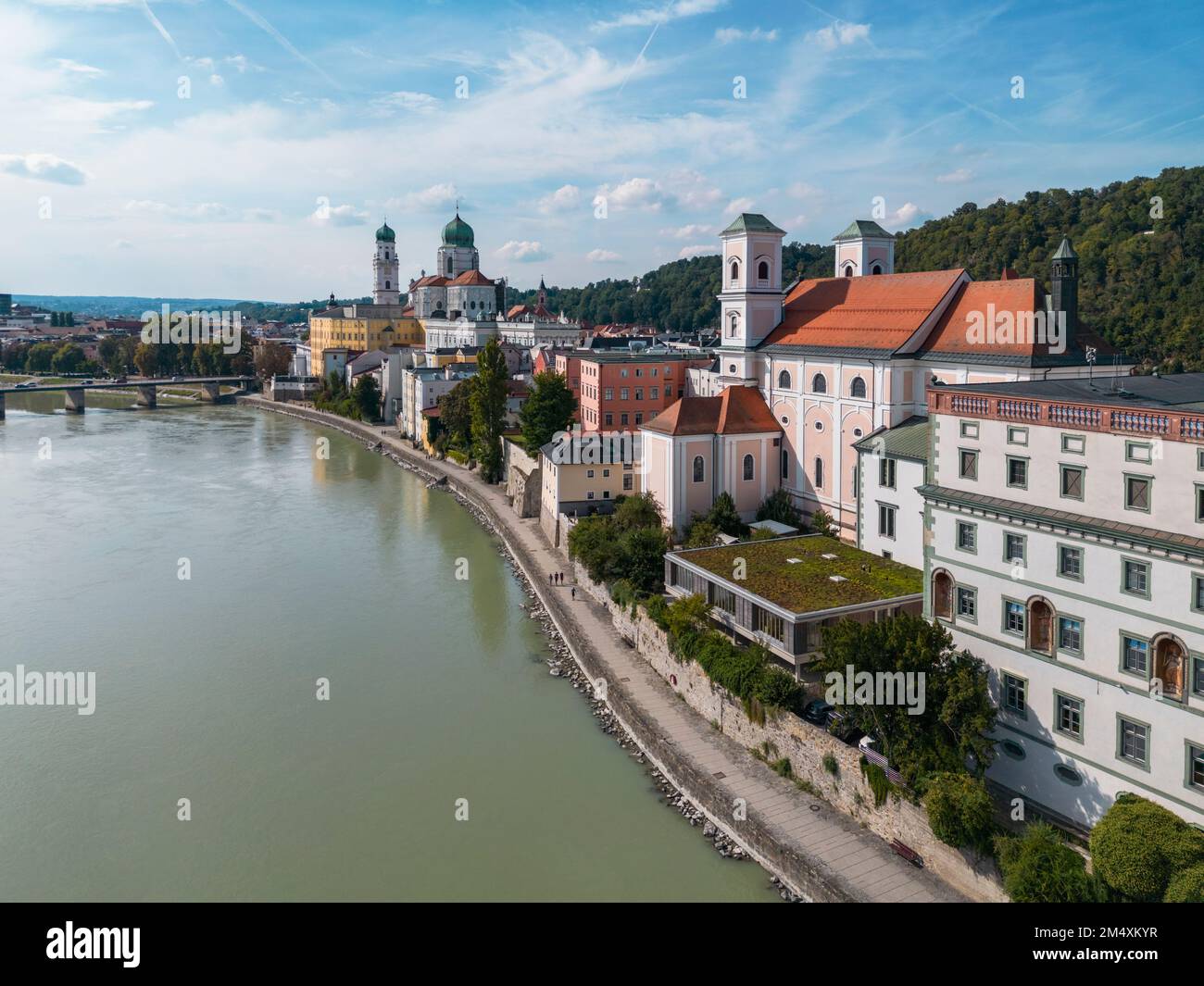 Germany, Bavaria, Passau, Aerial view of Innkai promenade in summer ...