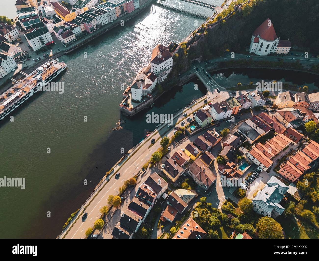 Germany, Bavaria, Passau, Aerial view of confluence of Danube and Ilz ...