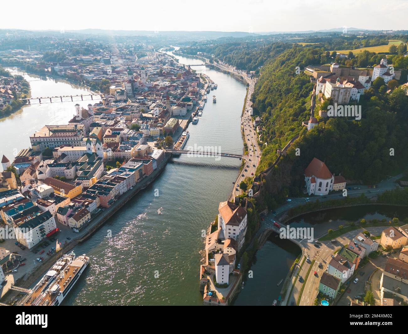 Germany, Bavaria, Passau, Aerial view of old town surrounded by Danube ...