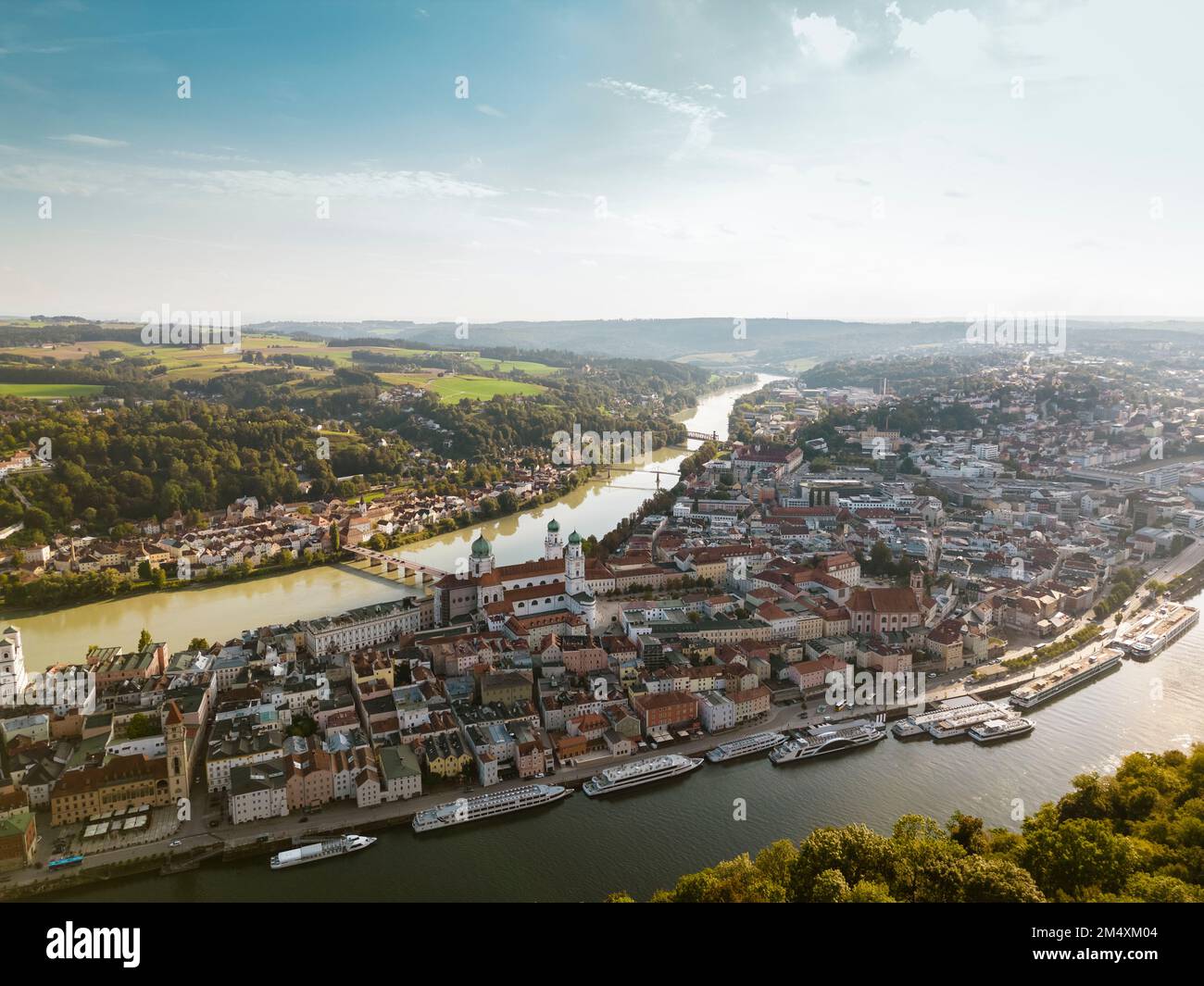Germany, Bavaria, Passau, Aerial view of old town surrounded by Danube ...