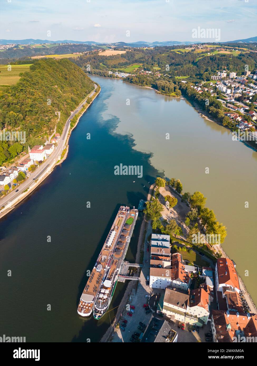 Germany, Bavaria, Passau, Aerial view of confluence of Danube and Ilz ...