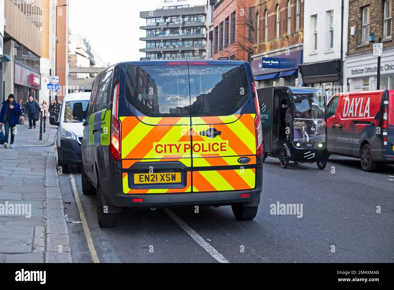 Rear view of City Police sign on van doors of London Metropolitan ...