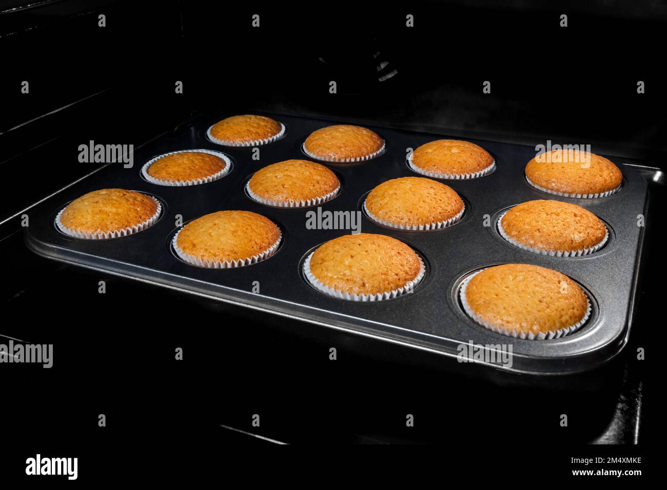 Twelve baked homemade cupcakes, muffins in electric oven Stock Photo ...