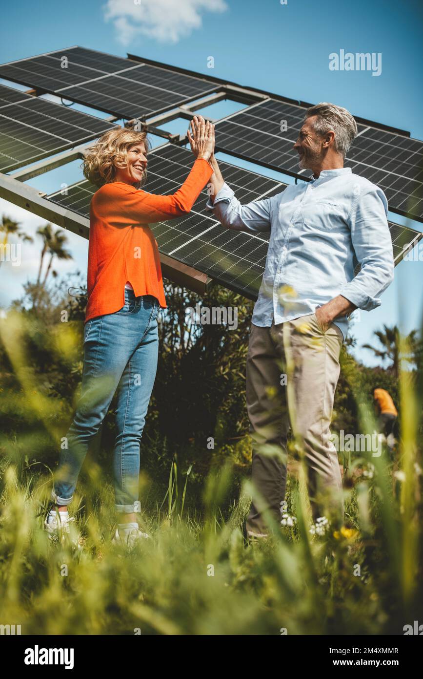 Happy woman giving high-five to man standing in front of solar panels ...