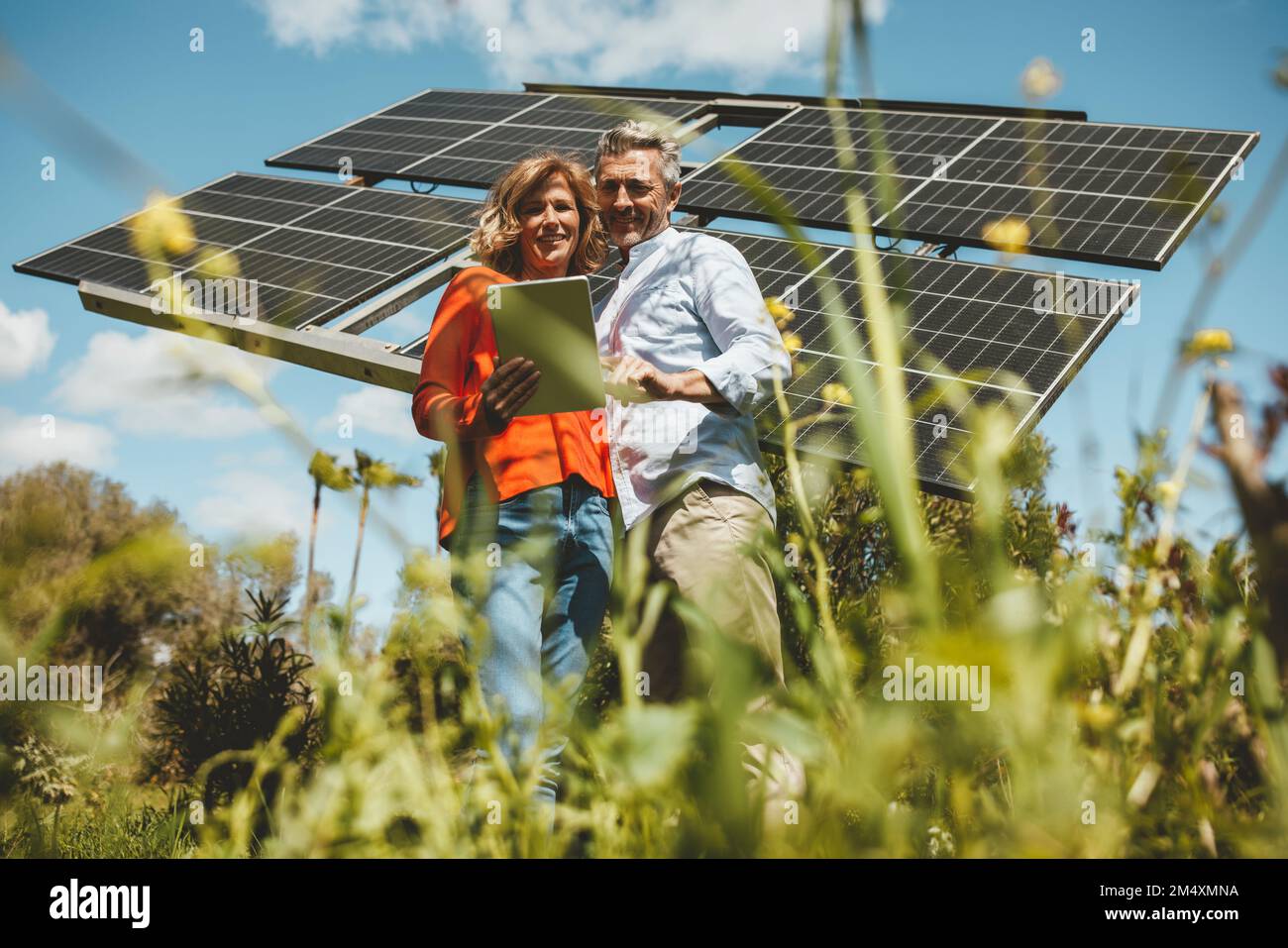 Mature woman sharing tablet PC with man in front of solar panels Stock ...
