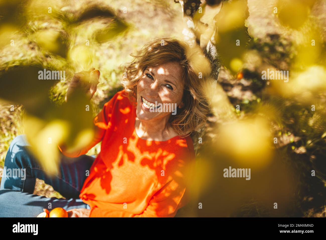 Mature woman sitting under tree hi-res stock photography and images - Alamy