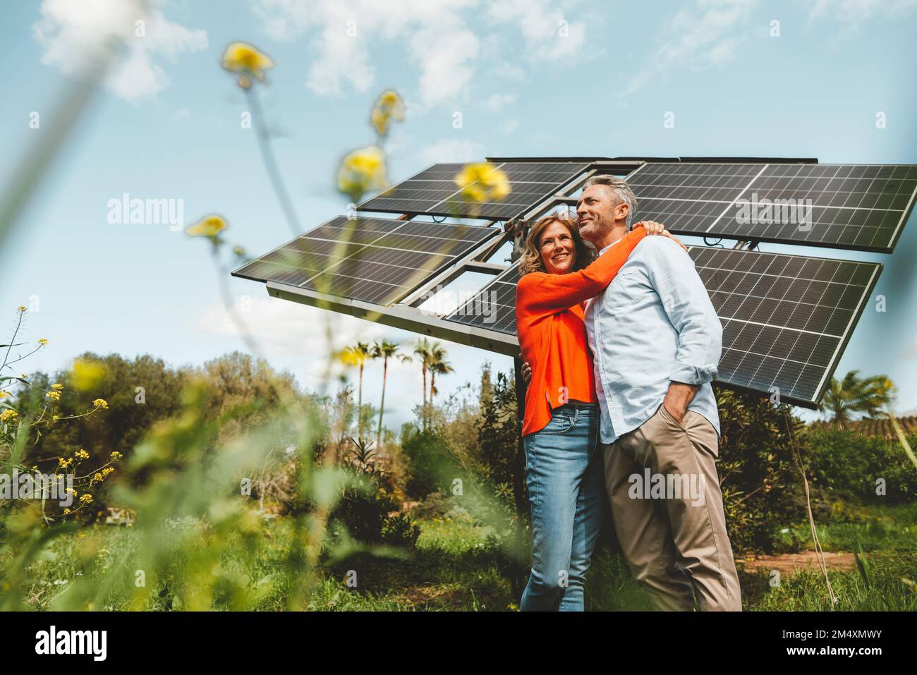 Mature woman hugging man standing in front of solar panels Stock Photo ...